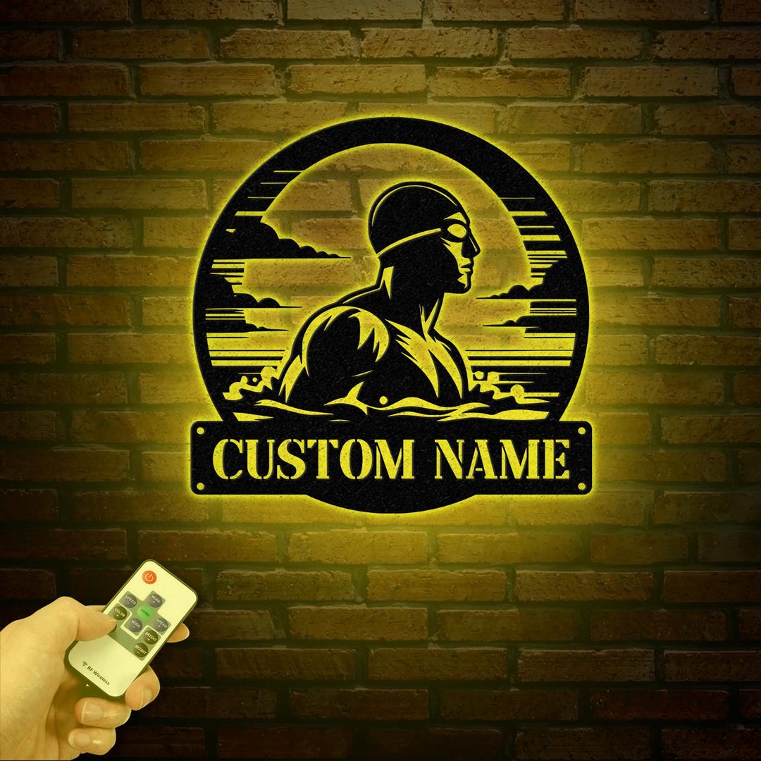 Custom Man Swimmer Metal Wall Art LED Light, Personalized Swimming ...