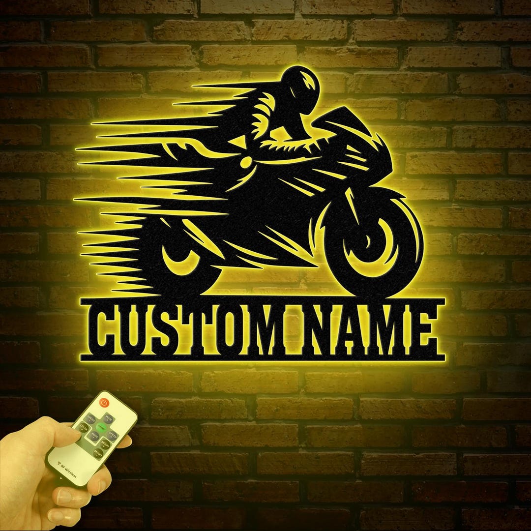Custom Motorcycle Sign With LED Lights - Motorbike Metal Wall Art ...