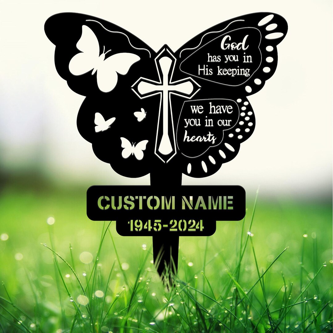 Custom Butterfly Memorial Cross Stake Metal, Cross With Hearts ...