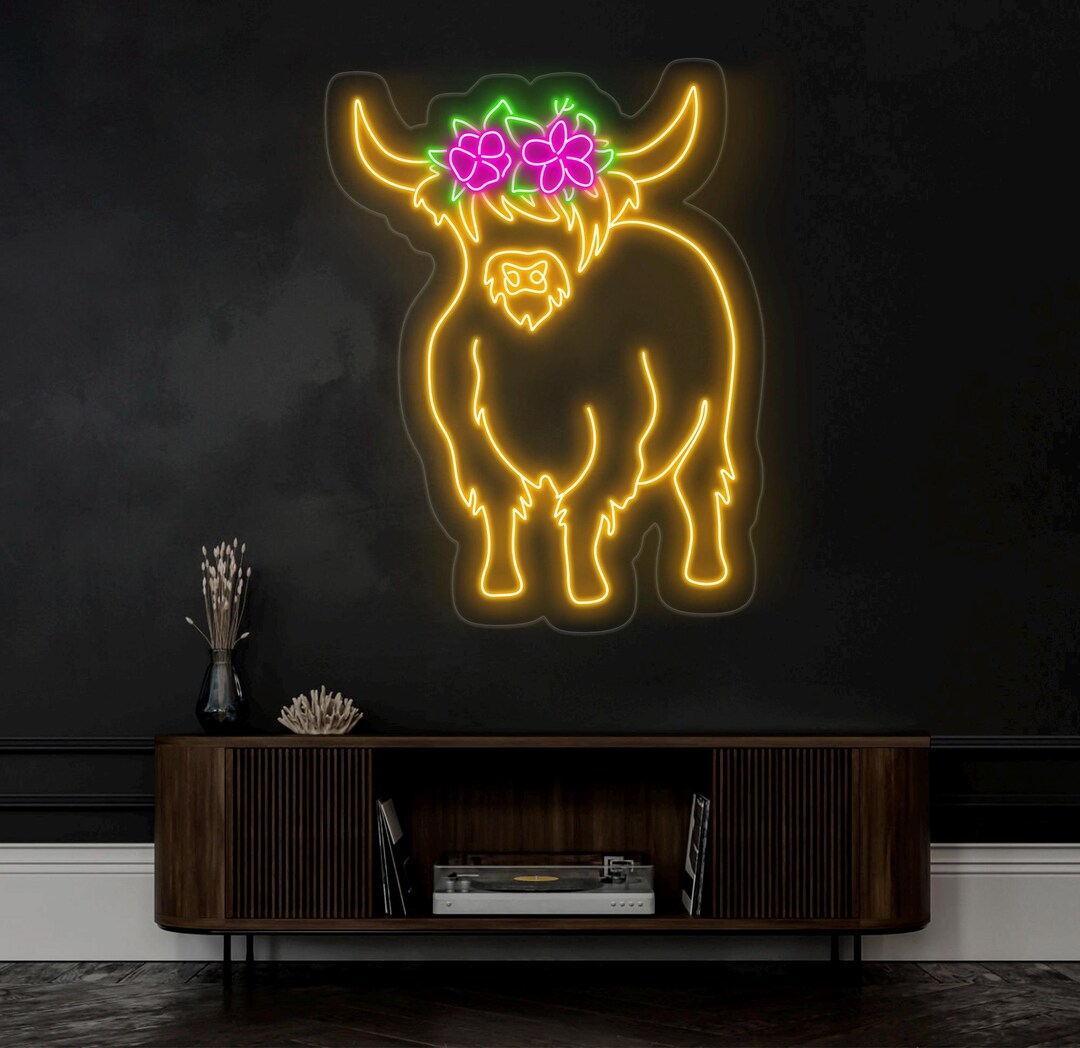 Floral Shetland Cow Neon Sign - Custom Highland Herd LED Light, Western ...