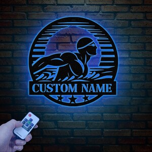 Custom Man Swimmer Metal Wall Art LED Light, Personalized Swimming ...