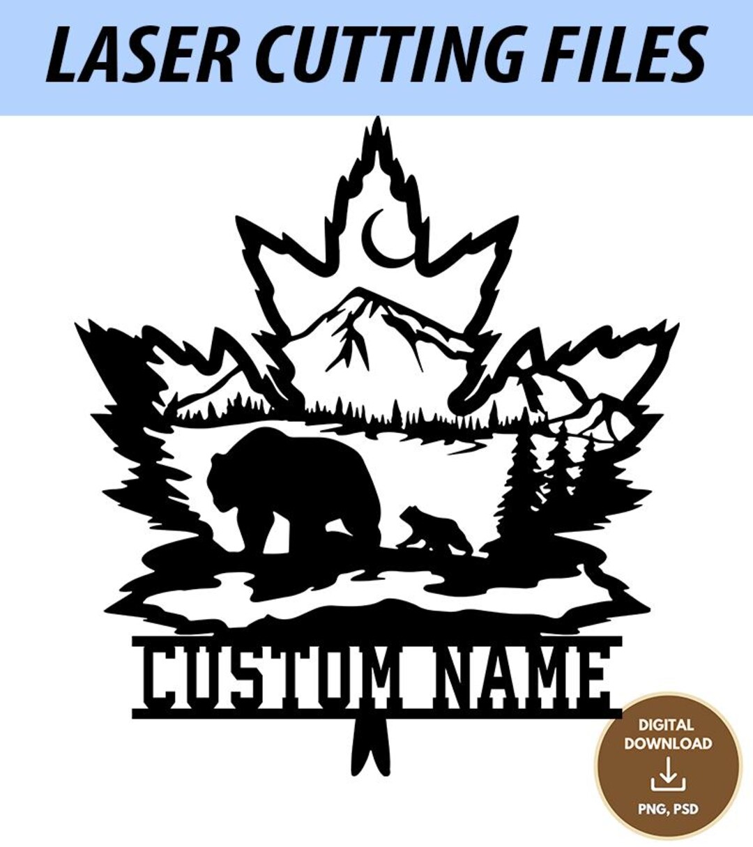 Custom Maple Leaf Laser Cutting Files, Bear Cub Mountain Scene Digital ...
