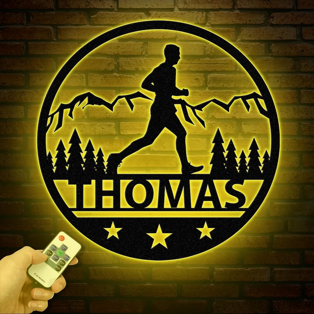 Custom Man Trail Running Metal Wall Art With LED Light - Personalized ...