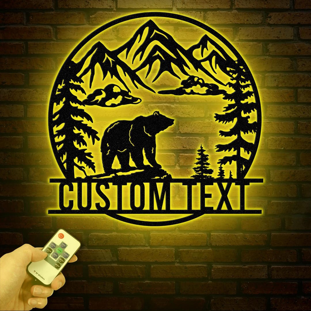Personalized Wilderness Bear Cabin Sign With LED Lights, Mountain Metal ...