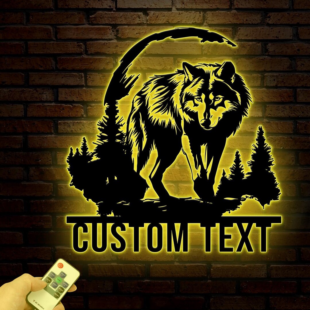 Personalized Wolf Metal Wall Art LED Light, Custom Wolf Metal Sign Room ...