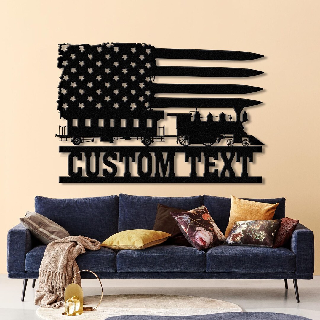 Custom US Flag Train Metal Wall LED Light, Railroad Wall Decor, Railroad Sign, Man Cave Decor ...