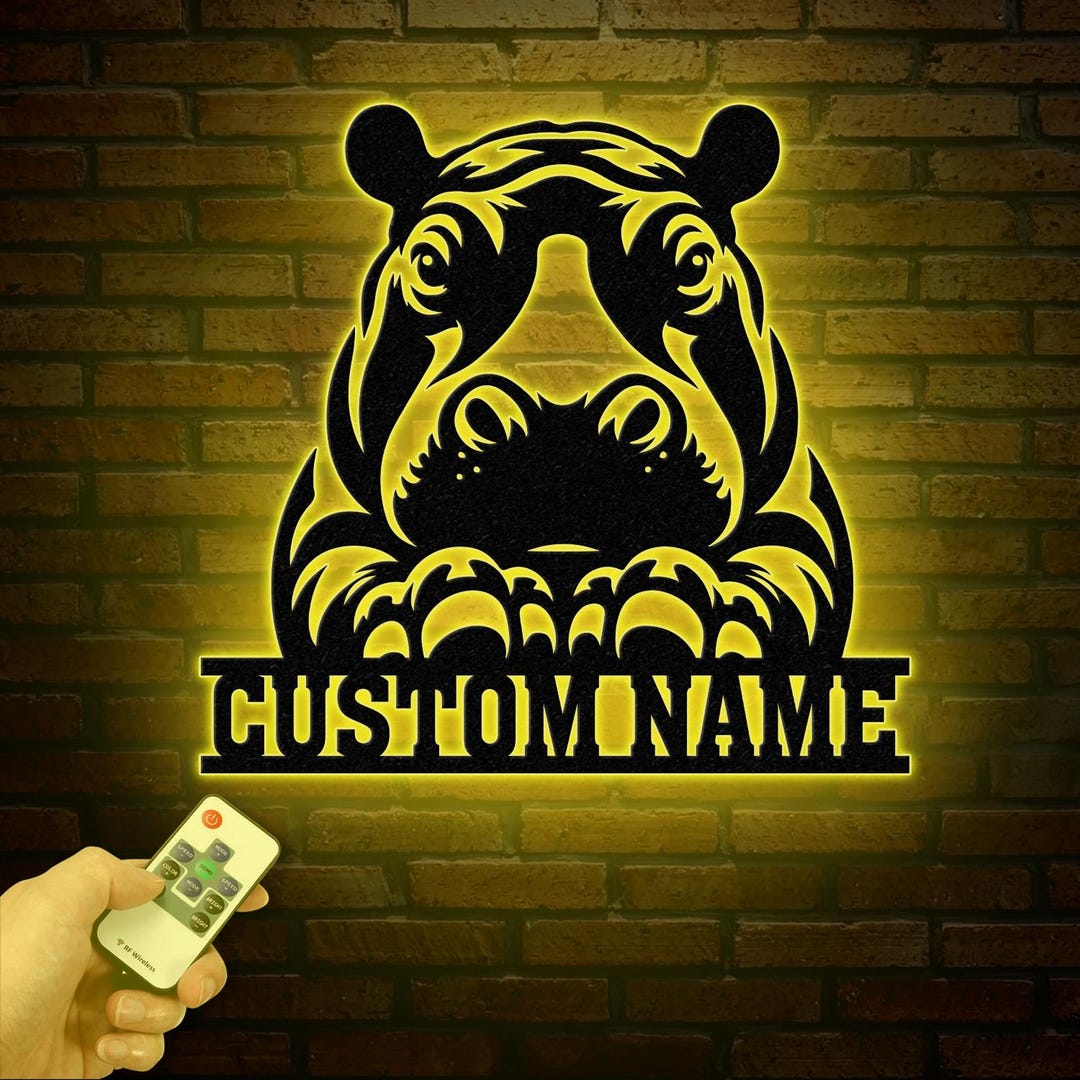 Customized Hippo Head Metal Wall Art LED Light, Personalized Wild ...