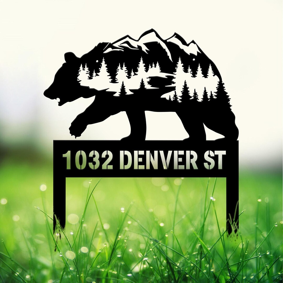 Custom Mountain Bear Address Sign: Personalized Steel Yard Plaque With ...