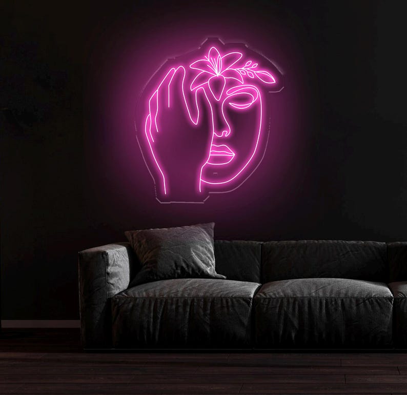 Abstract Face Neon Sign With Flower, Custom Neon Wall Art, Personalized ...