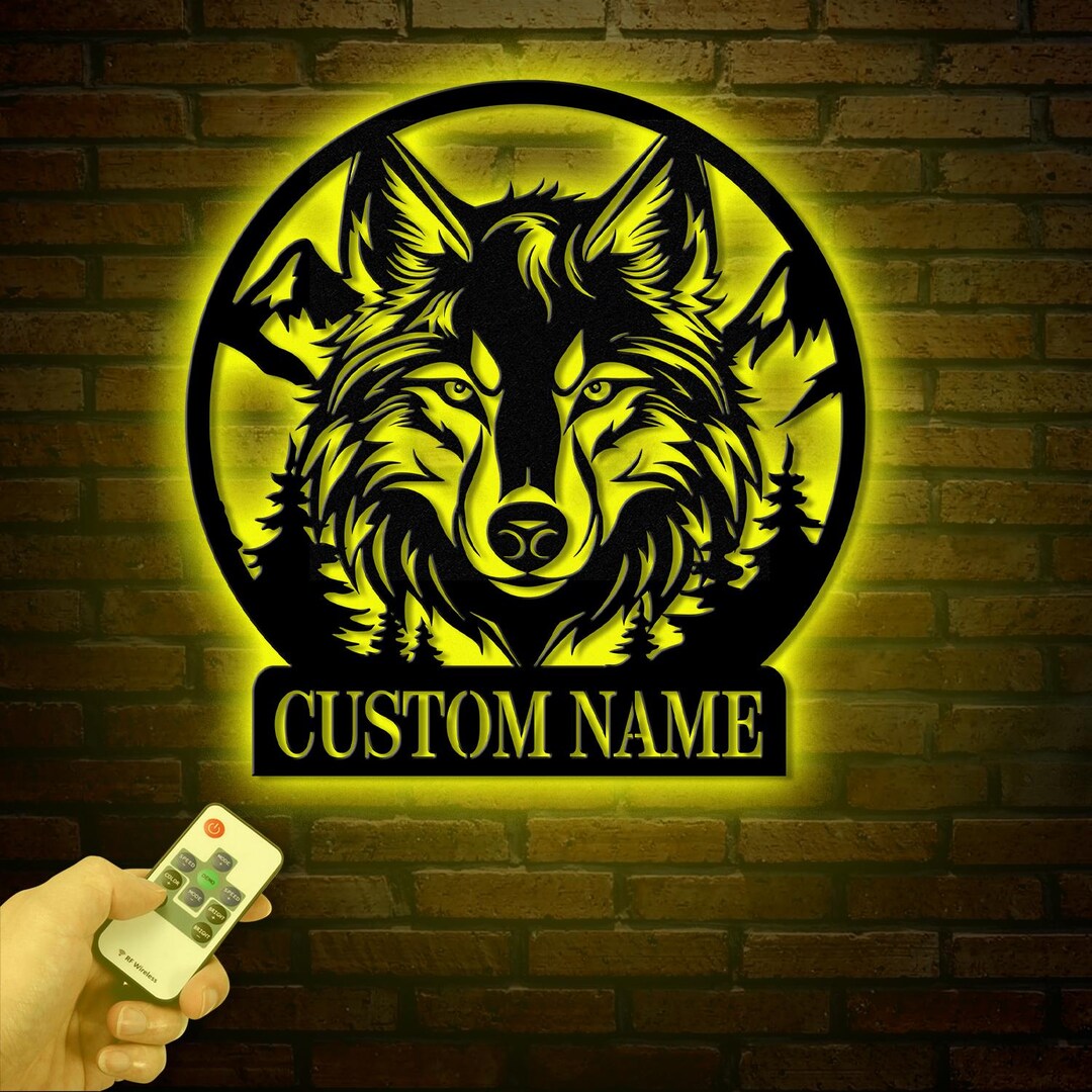 Personalized Wolf Metal Wall Art LED Light, Custom Wolf Metal Sign Room ...