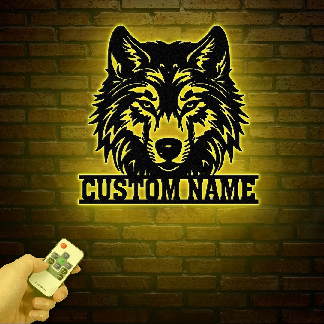 Personalized Wolf Metal Wall Art LED Light, Custom Wolf Metal Sign Room ...
