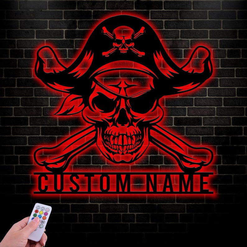 Custom Pirate Skull Metal Sign With LED Light – Personalized Ship Name ...