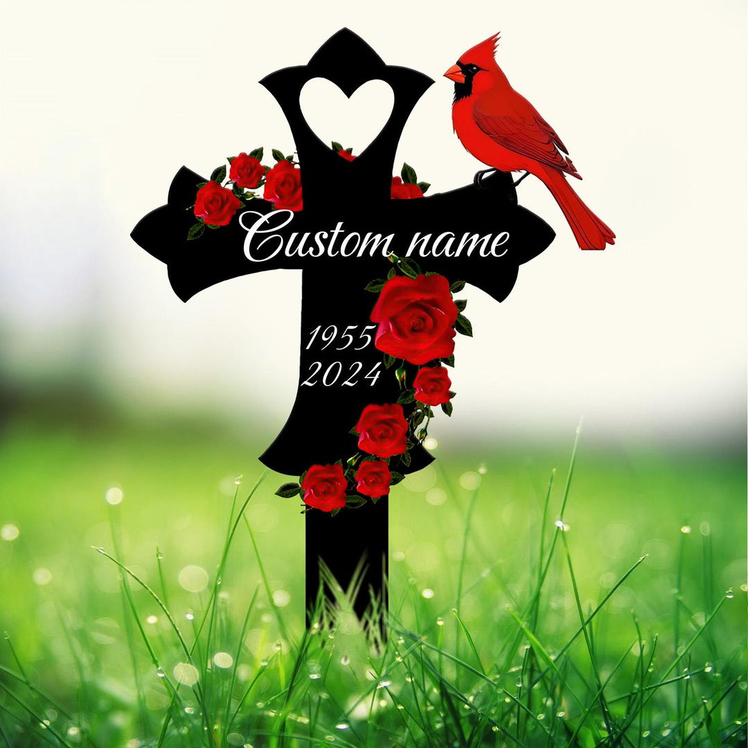 Custom Cardinal & Rose Memorial Cross: Personalized Grave Marker ...