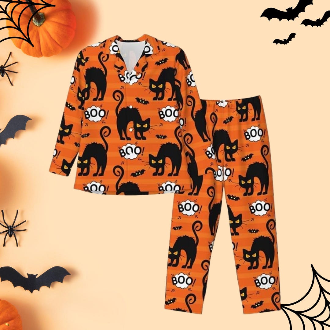 Cute Ghost Black Cat Pajamas, Fall Ghost Boo Pumpkin Holiday Pajamas ...