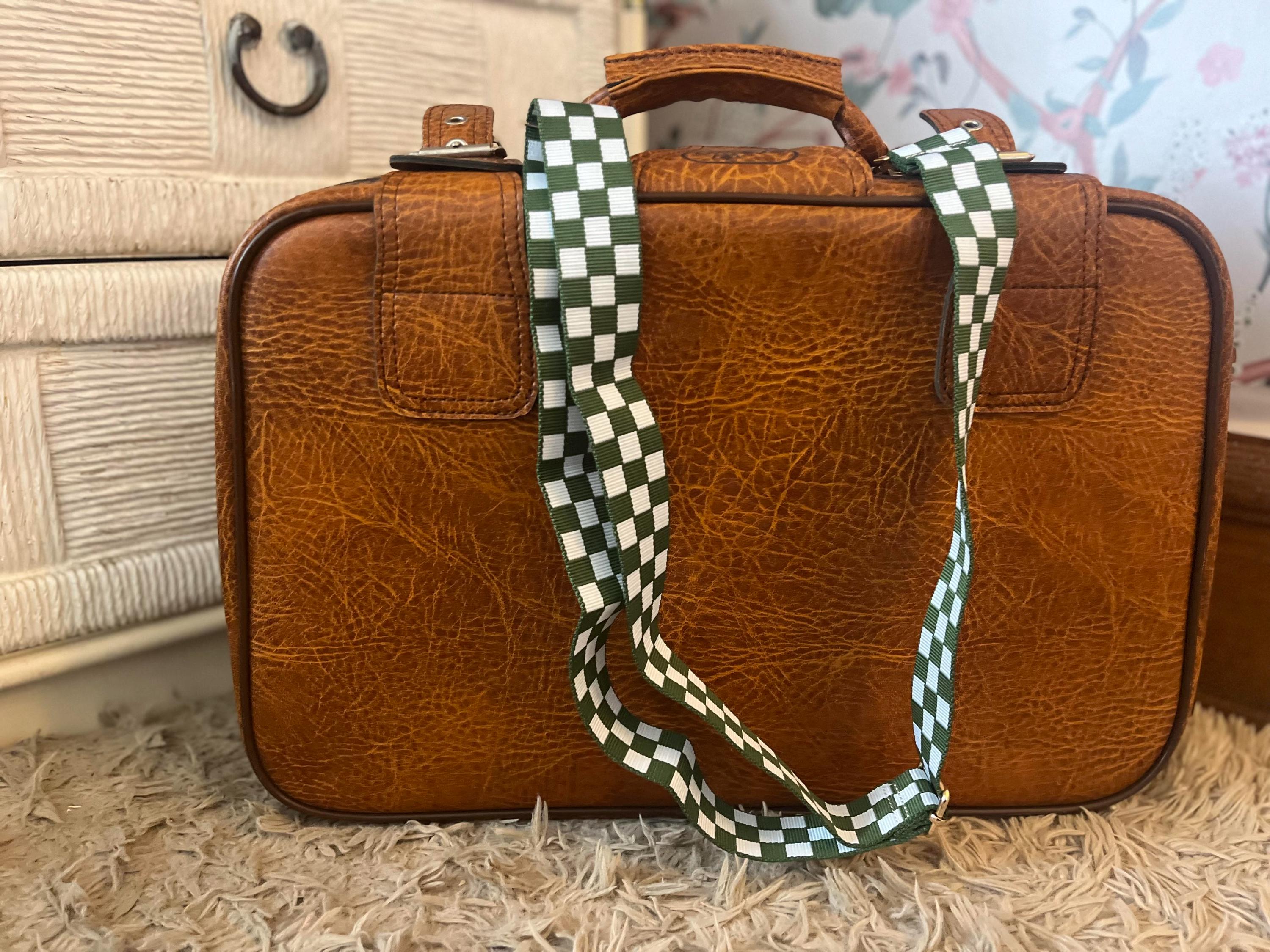 Vintage Brown Leather Crown Suitcase W/added Checkered Carrying Strap ...