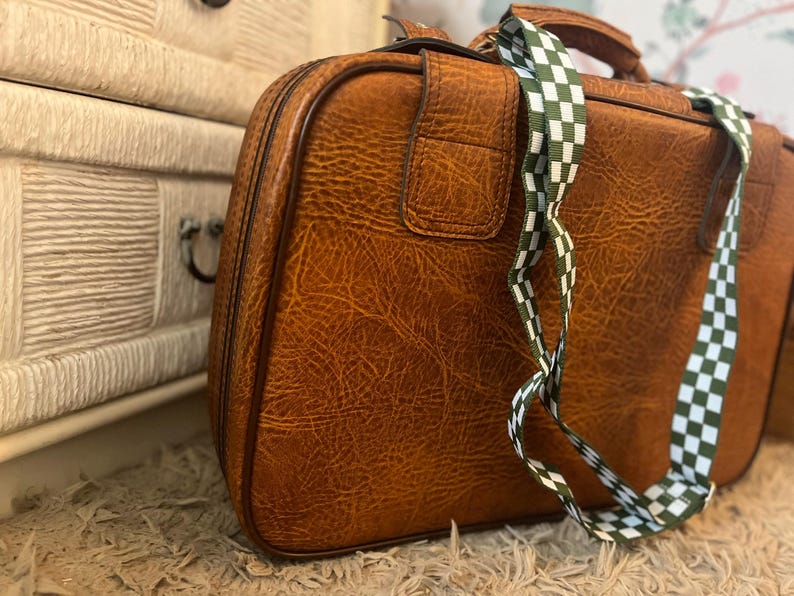 Vintage Brown Leather Crown Suitcase W/added Checkered Carrying Strap ...