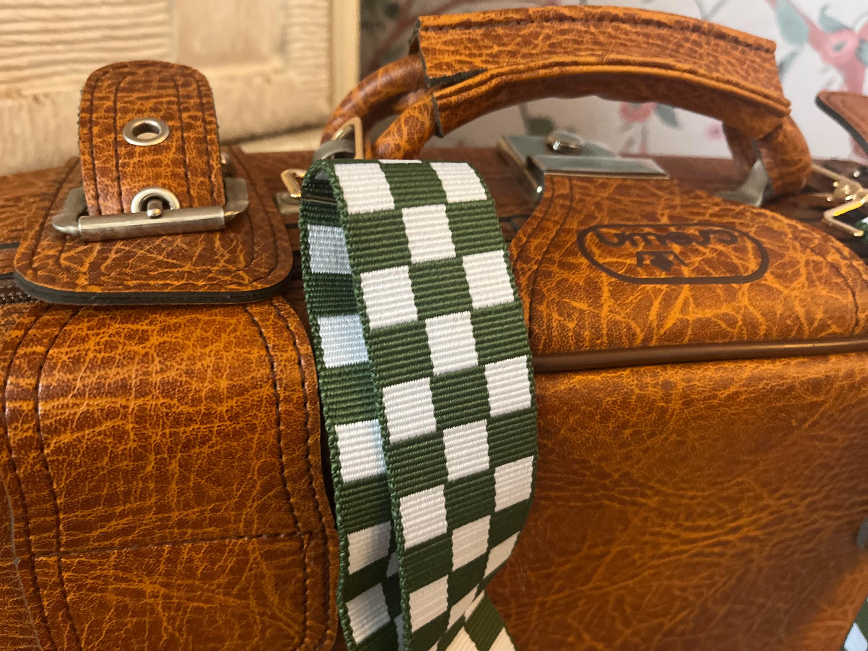 Vintage Brown Leather Crown Suitcase W/added Checkered Carrying Strap ...