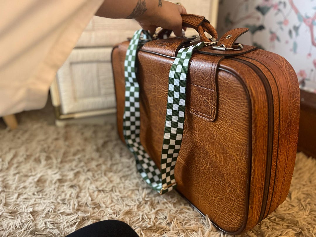 Vintage Brown Leather Crown Suitcase W/added Checkered Carrying Strap ...