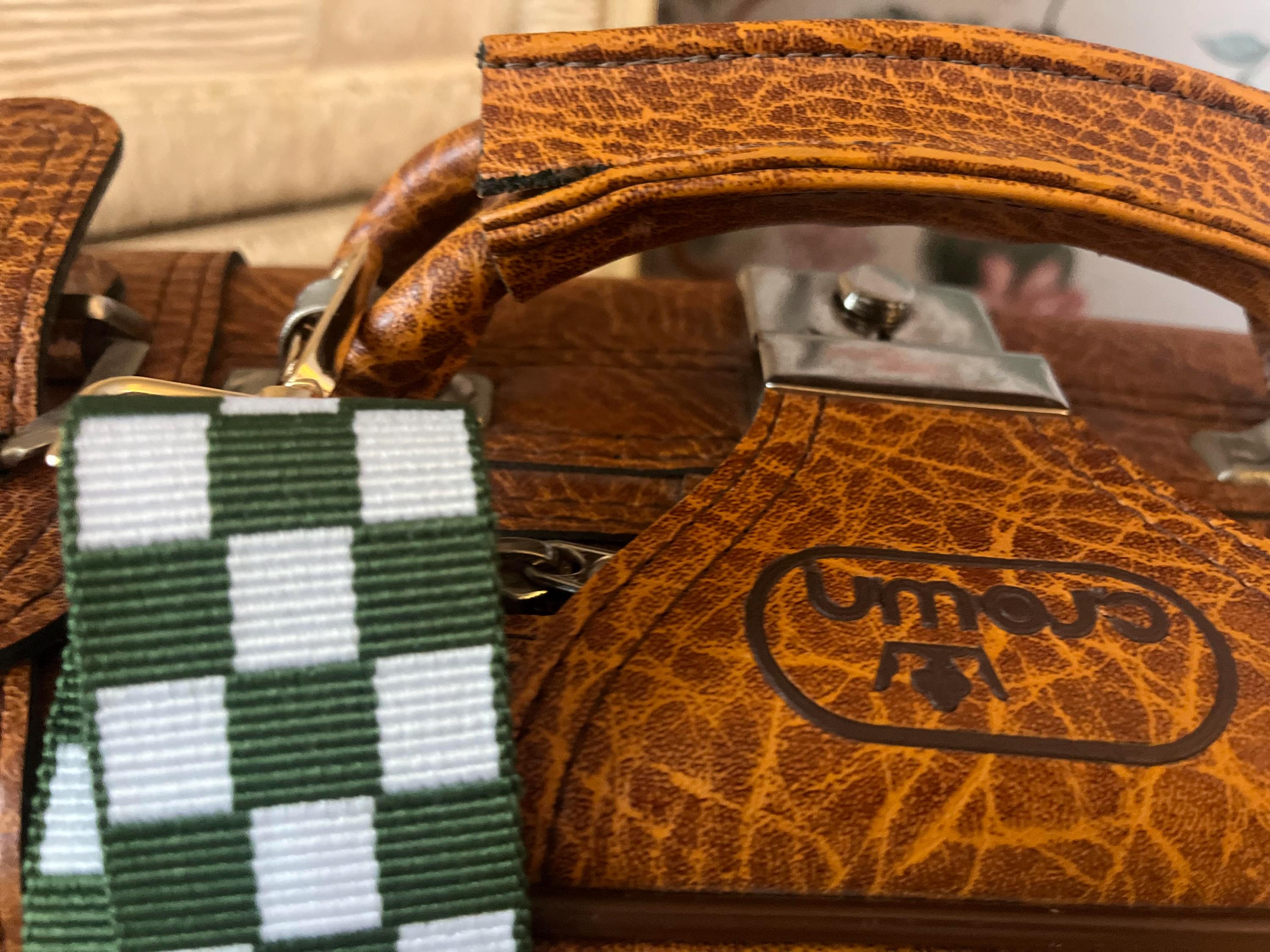 Vintage Brown Leather Crown Suitcase W/added Checkered Carrying Strap ...