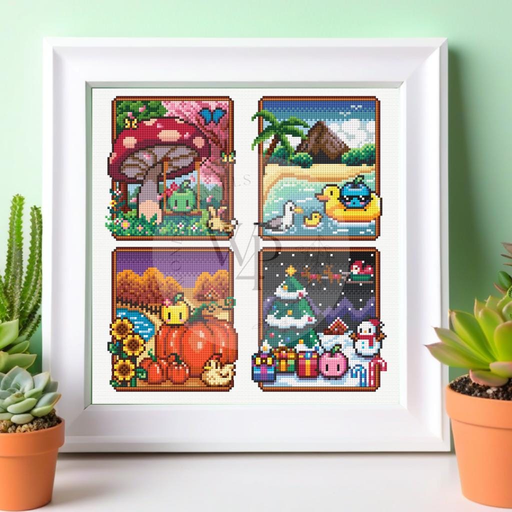 Stardew Valley Cross Stitch Pattern Junimo’s Four Seasons in Frames ...