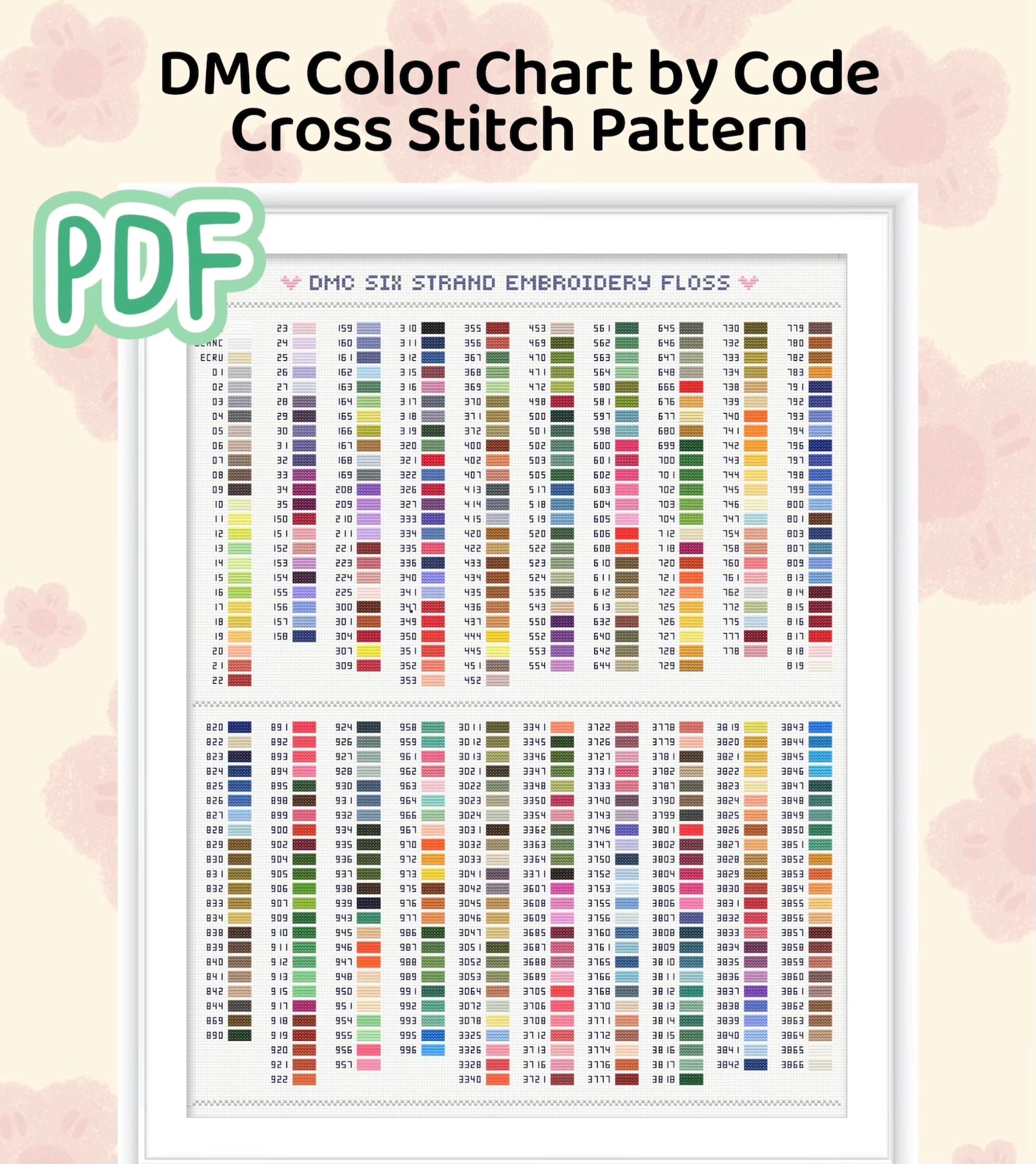 DMC Embroidery Floss Color Chart by Number Code Cross Stitch Pattern ...
