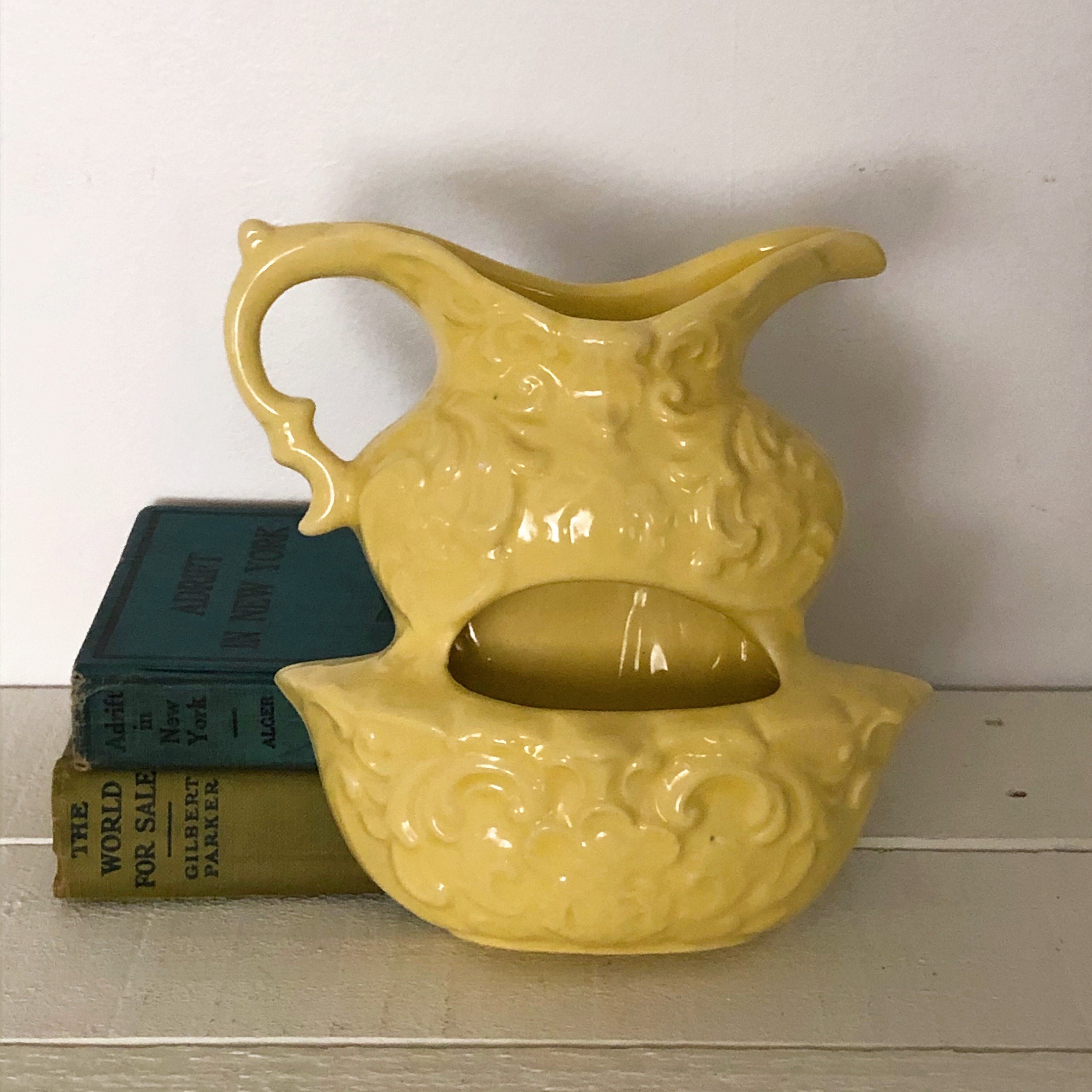 Vintage McCoy pottery yellow wall pocket pitcher & bowl | Etsy