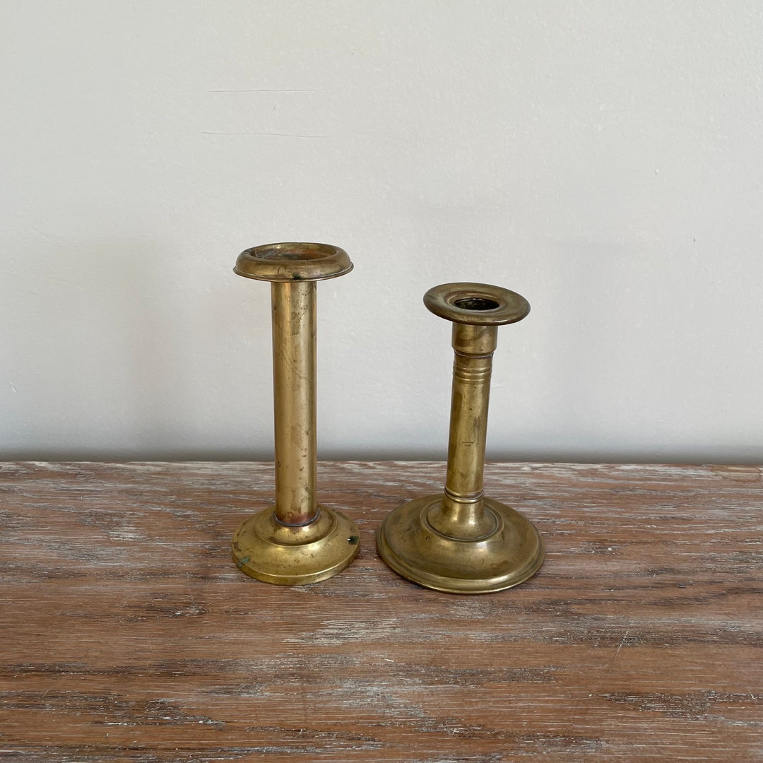 2 Old Brass Candlesticks, Lots of Aging & Patina, Mix Matched ...