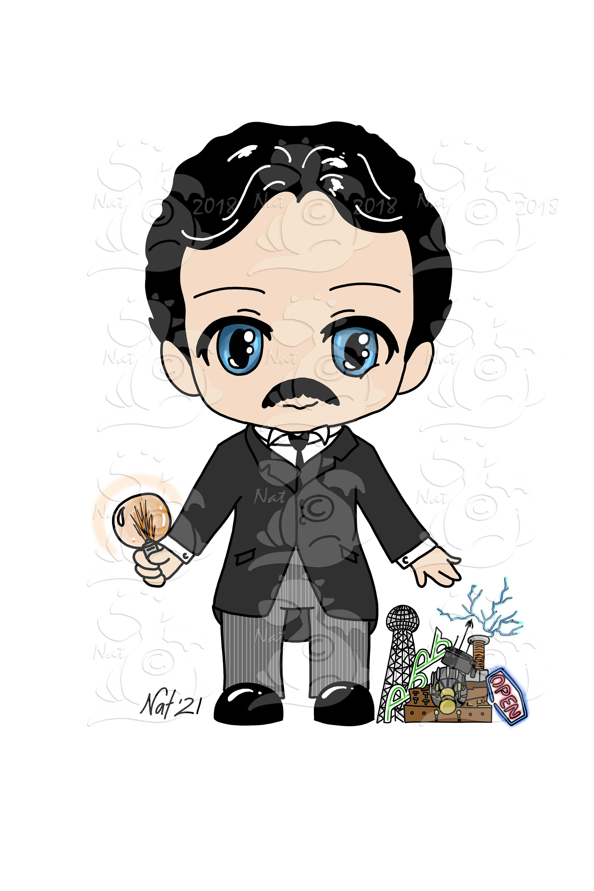 Chibi Inventor Científico Nikola Tesla Retrato - Etsy España