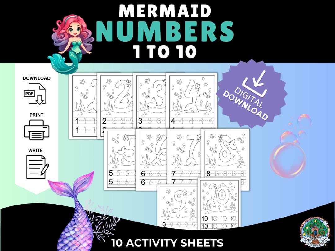 Mermaid Number Tracing Activity Pages, 1-10 Number Tracing, One to Ten ...