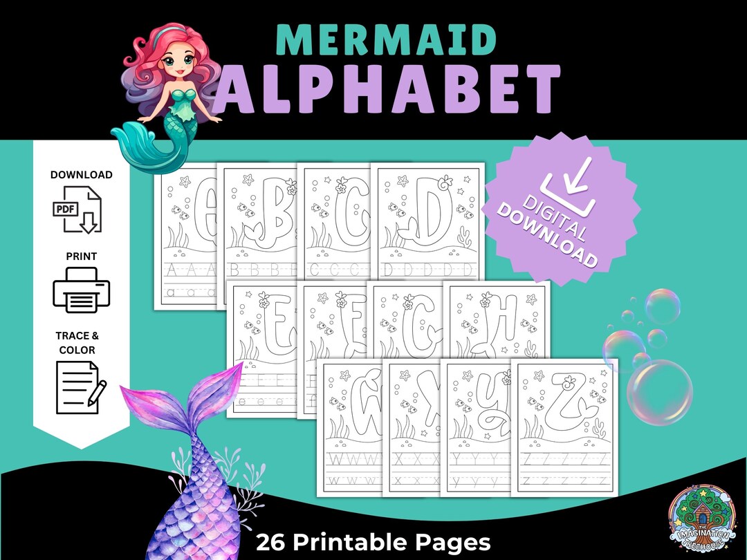 Mermaid Alphabet Trace and Color Worksheets: ABC Activity (digital ...