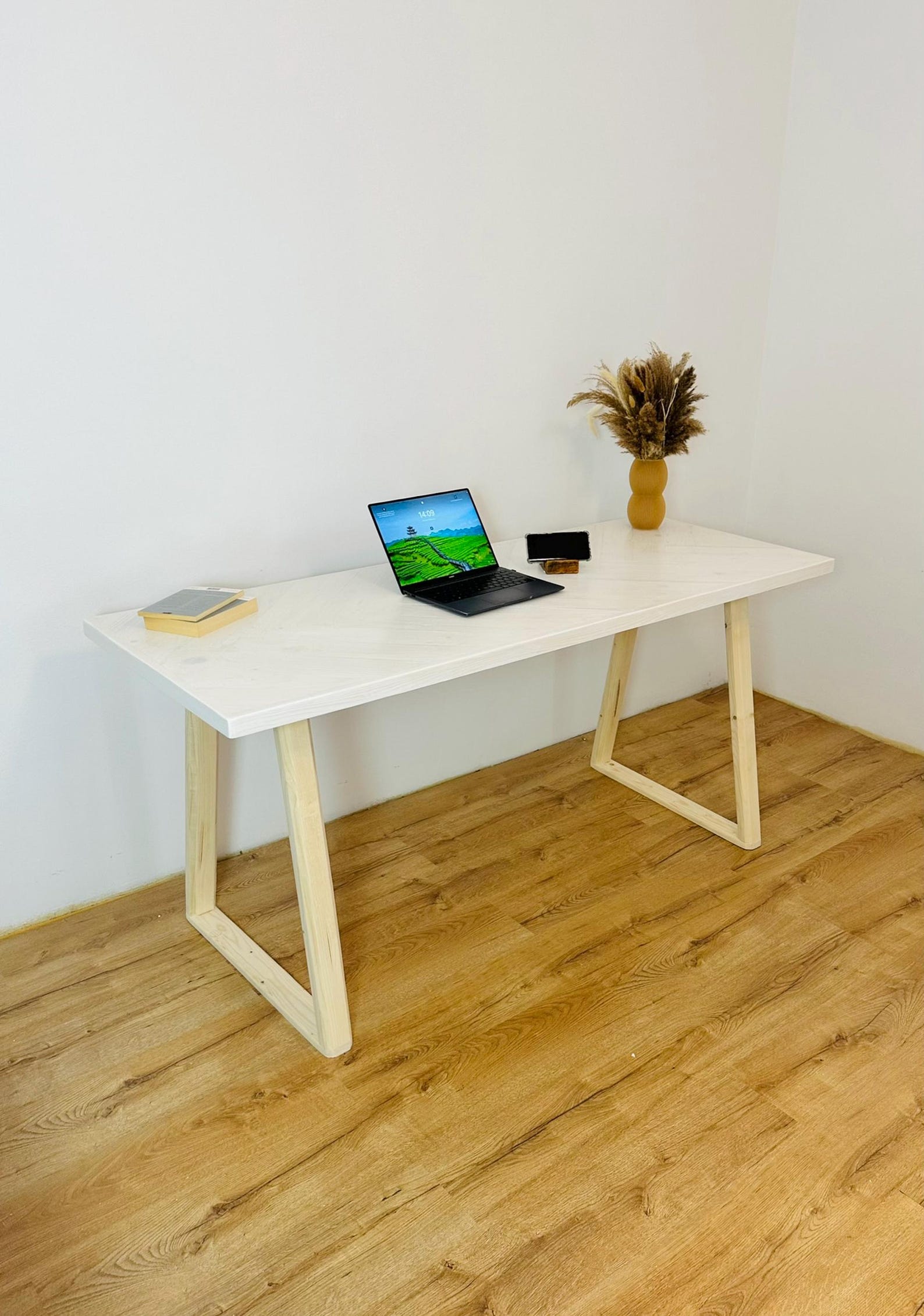White Desk With Trapezium Legs - Desk Made With a Mix of New and ...