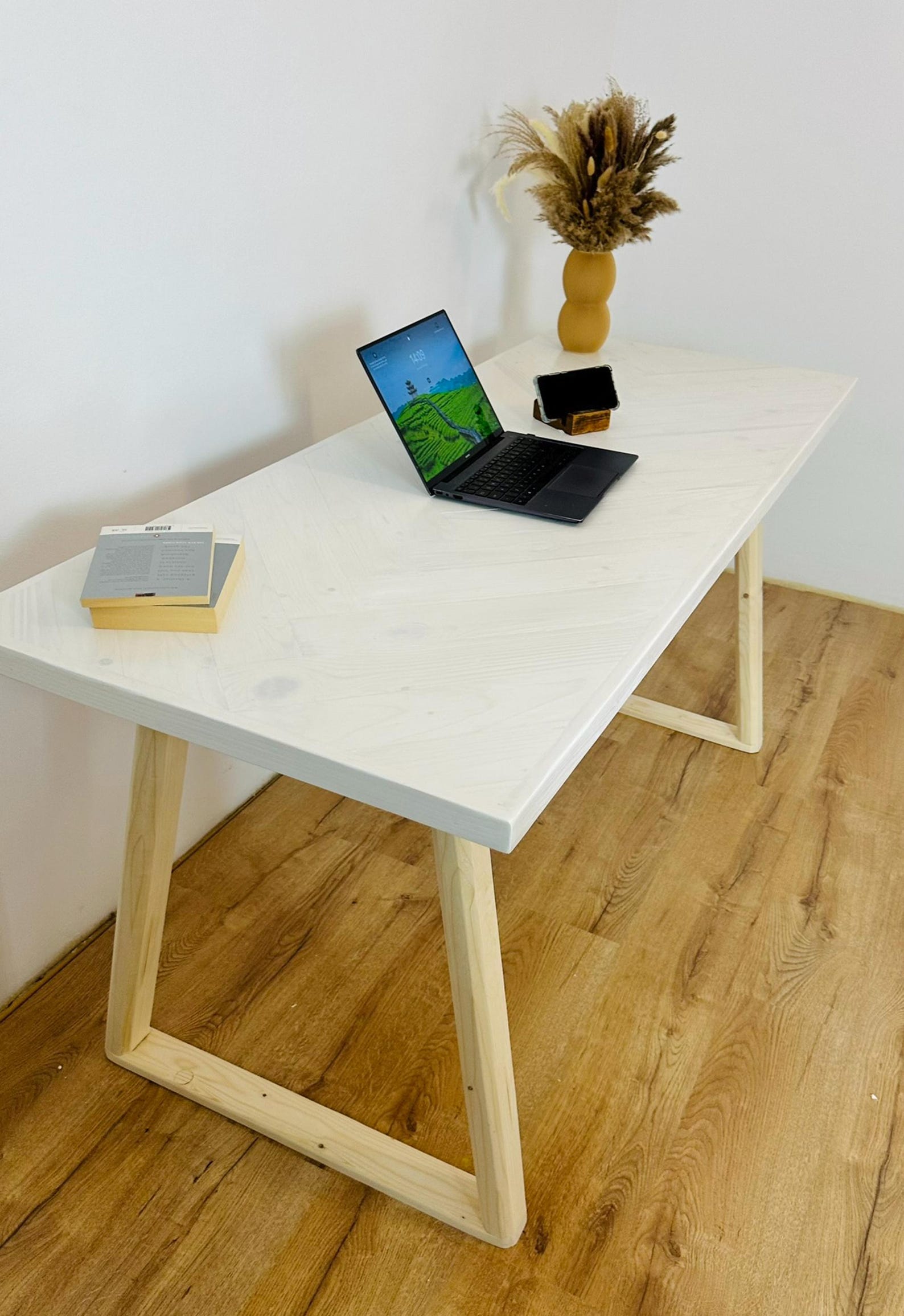 White Desk With Trapezium Legs - Desk Made With a Mix of New and ...