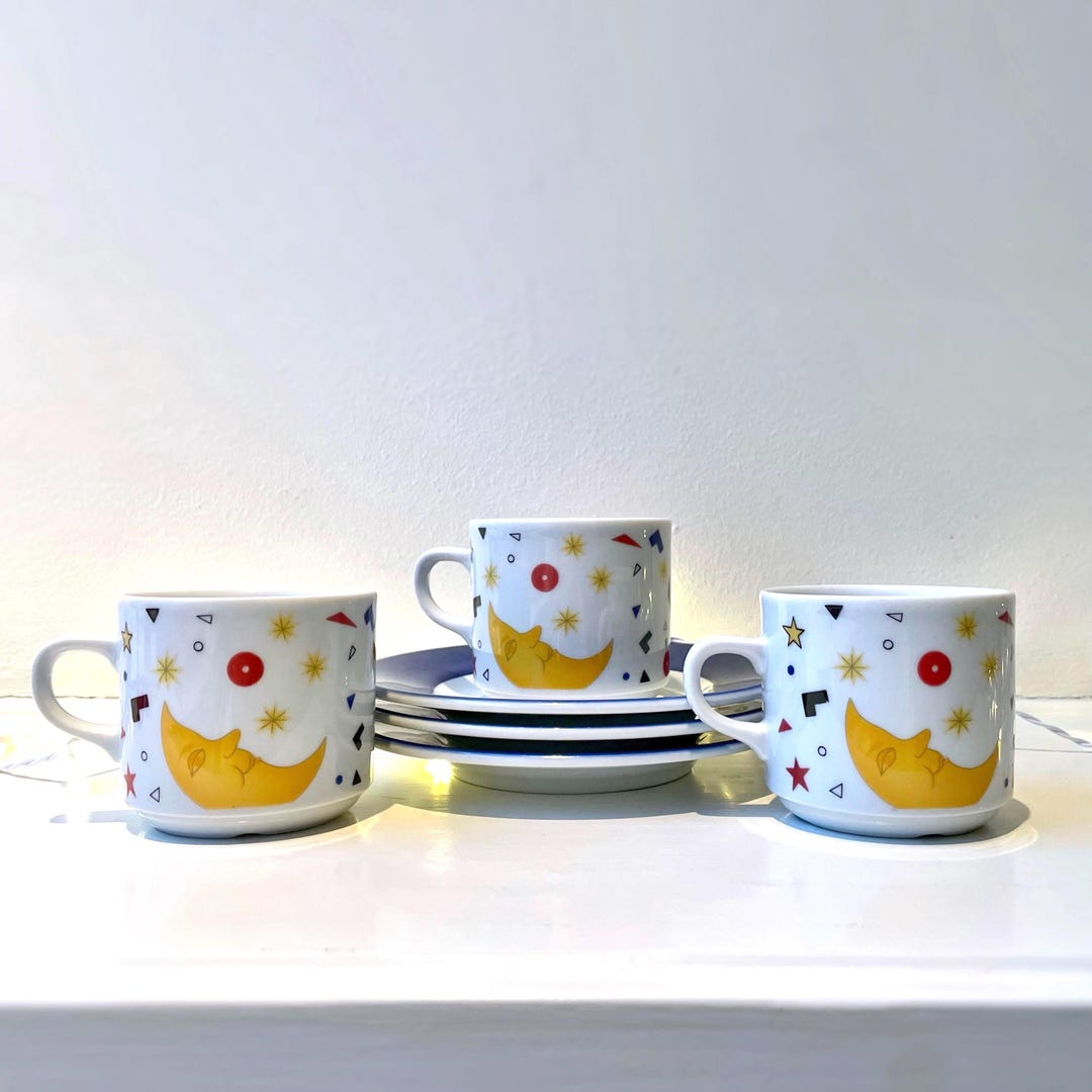 Vintage Celestial Teacups Set of 3, Sun Moon Cups With Saucers, Yellow ...