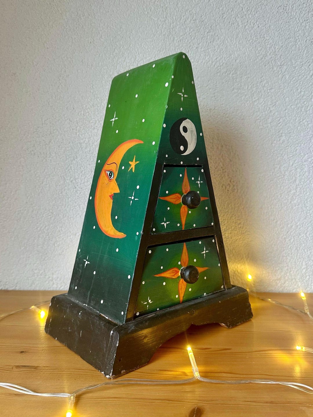 Vintage Celestial Boho Jewelry Box, Sun Moon Yin Yang Pyramid Drawer ...