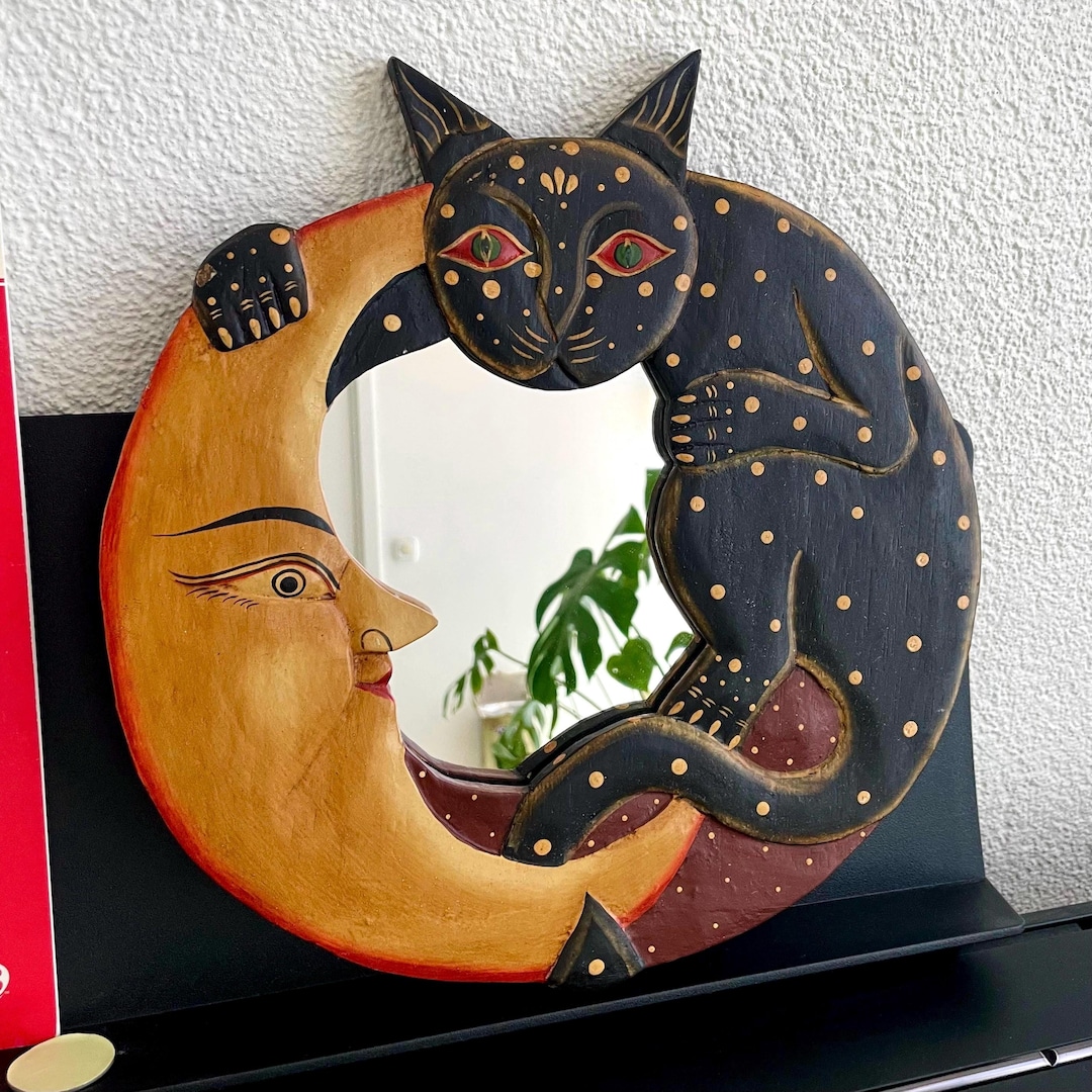 Cat and Moon Mirror, Whimsical Celestial Wall Art, 90s Vintage, Wooden ...