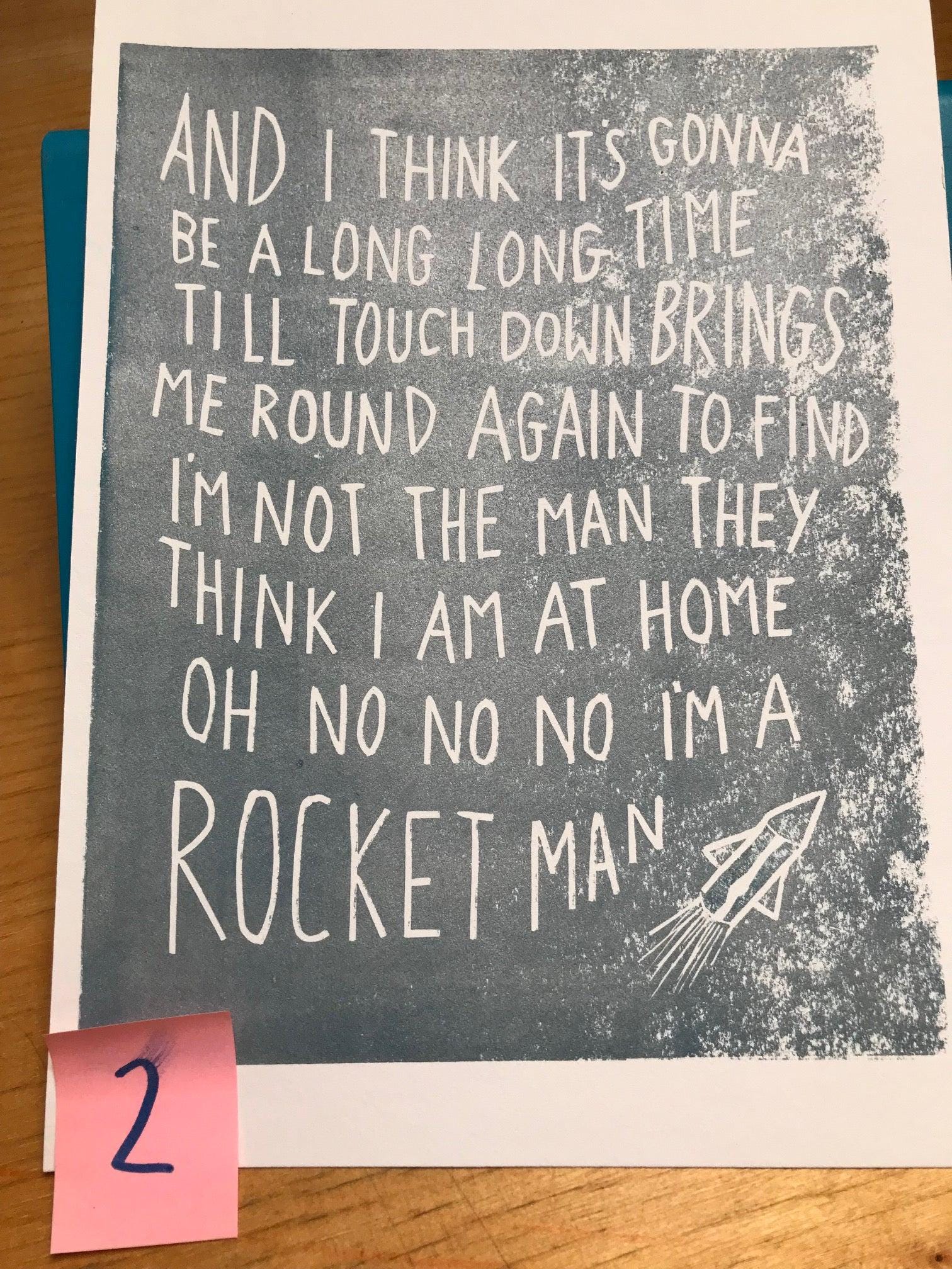 SUPER SECONDS Elton John 'rocket Man' Lyrics Linocut in Silver Grey - Etsy