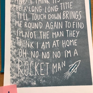 SUPER SECONDS Elton John 'rocket Man' Lyrics Linocut in Silver Grey - Etsy