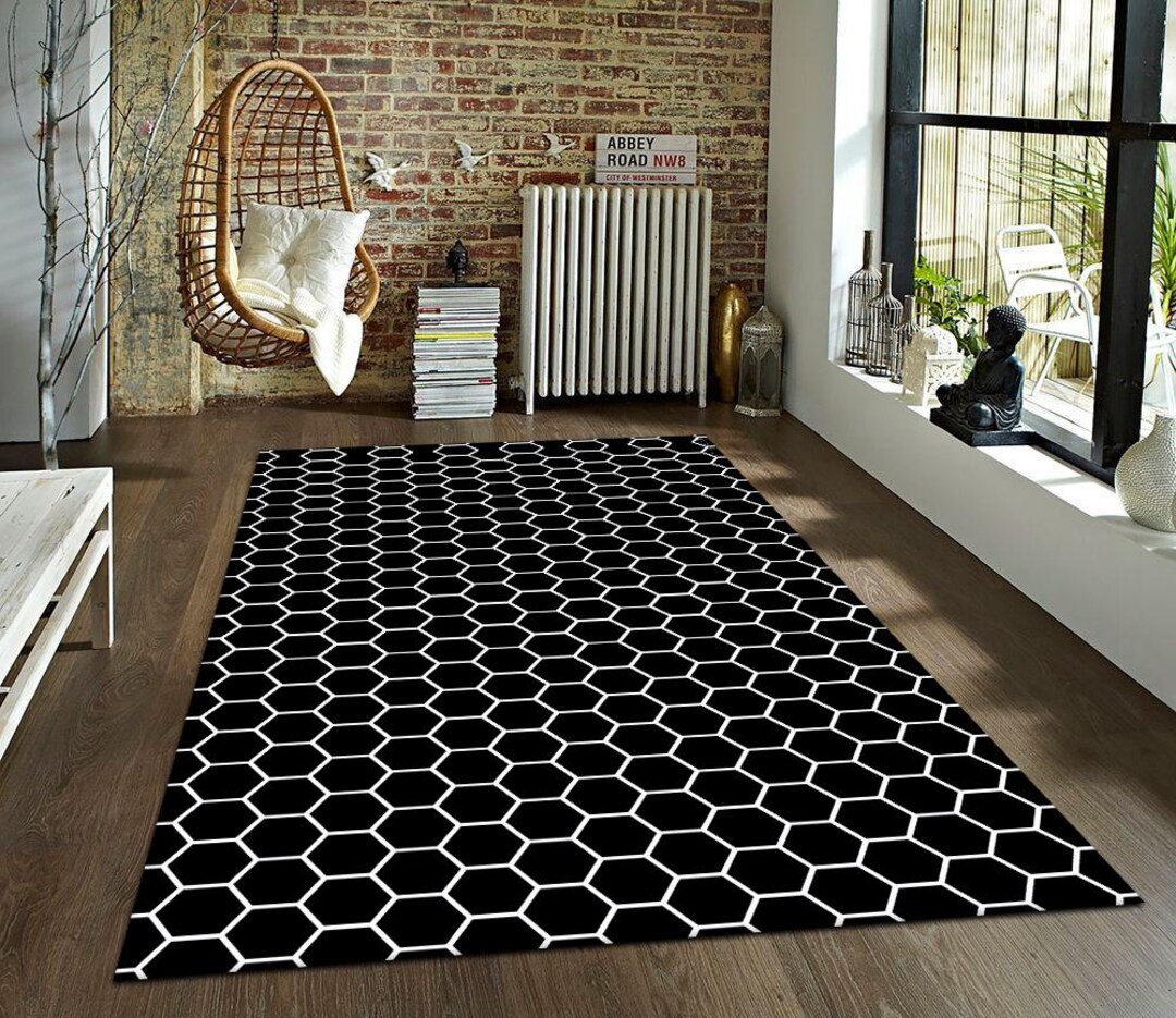 Honeycomb Pattern Rug , Black Rug ,line Rug, Dark Home Decor , Hexagon ...