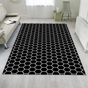 Honeycomb Pattern Rug , Black Rug ,line Rug, Dark Home Decor , Hexagon ...