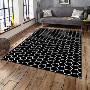 Honeycomb Pattern Rug , Black Rug ,line Rug, Dark Home Decor , Hexagon ...