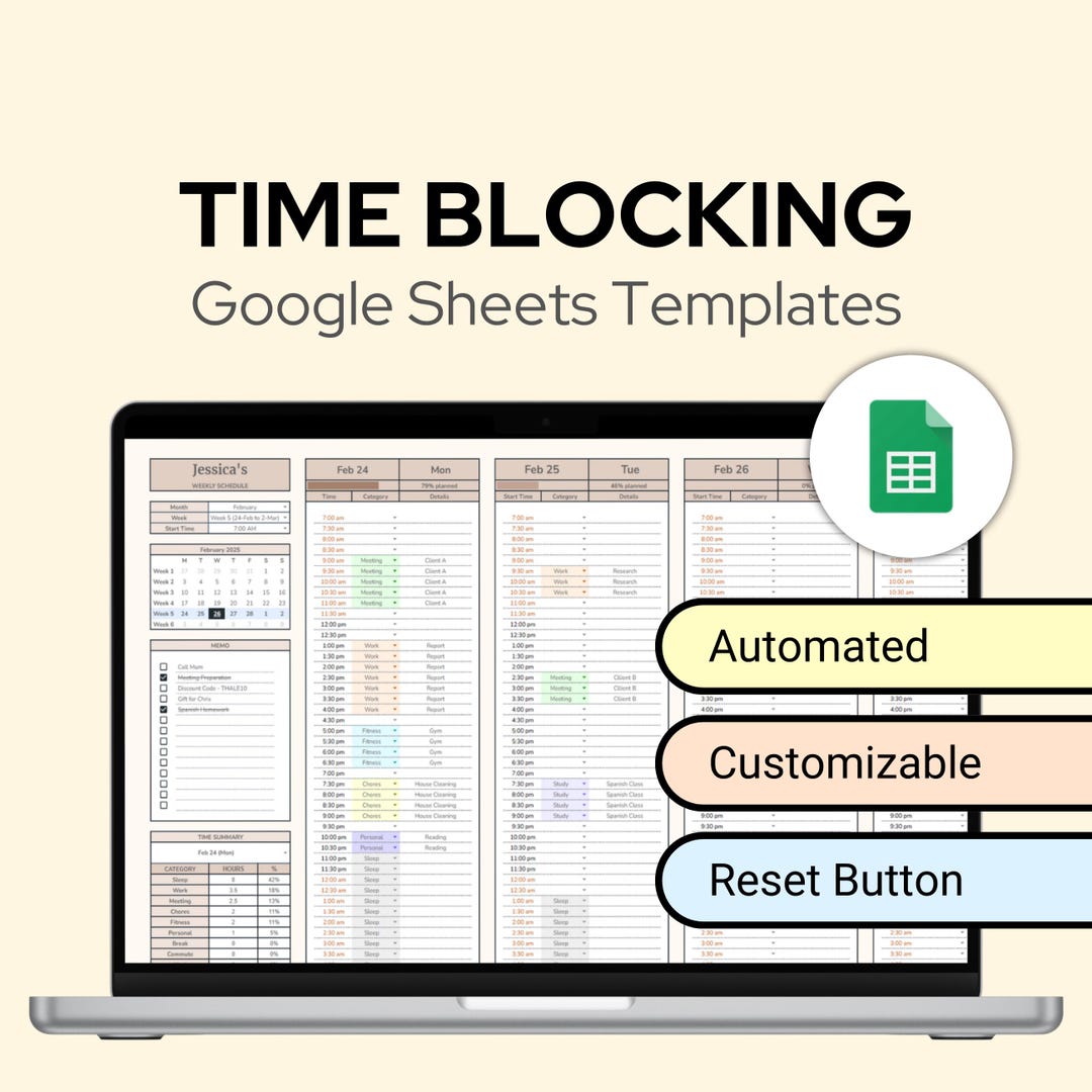 Editable Time-blocking Planners Google Sheets Template With Reset ...