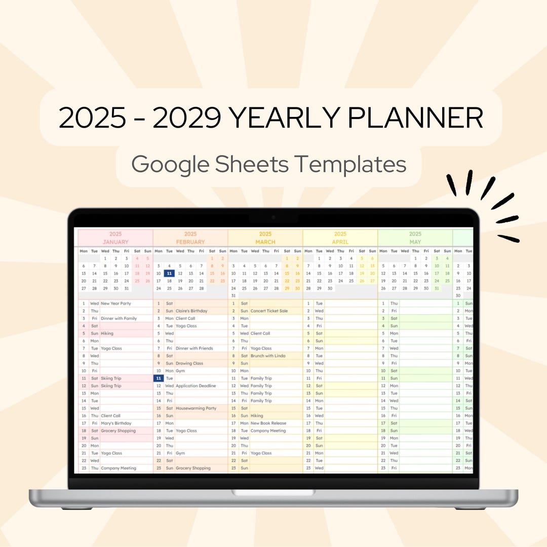 2025 2029 Editable Year at a Glance Template Rainbow Color, Monthly ...