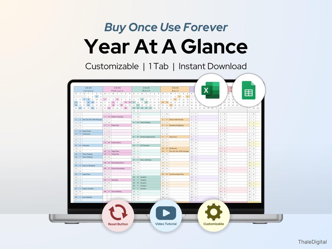 Customizable Year at A Glance Calendar With Reset Button Google Sheets ...