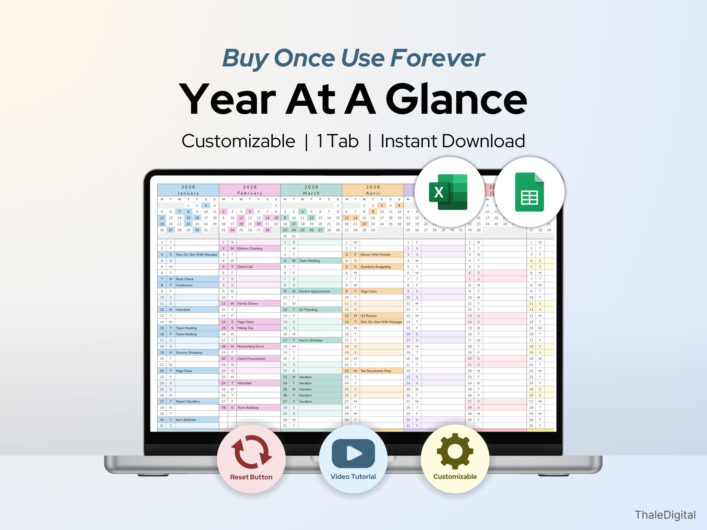 Customizable Year at A Glance Calendar With Reset Button Google Sheets ...