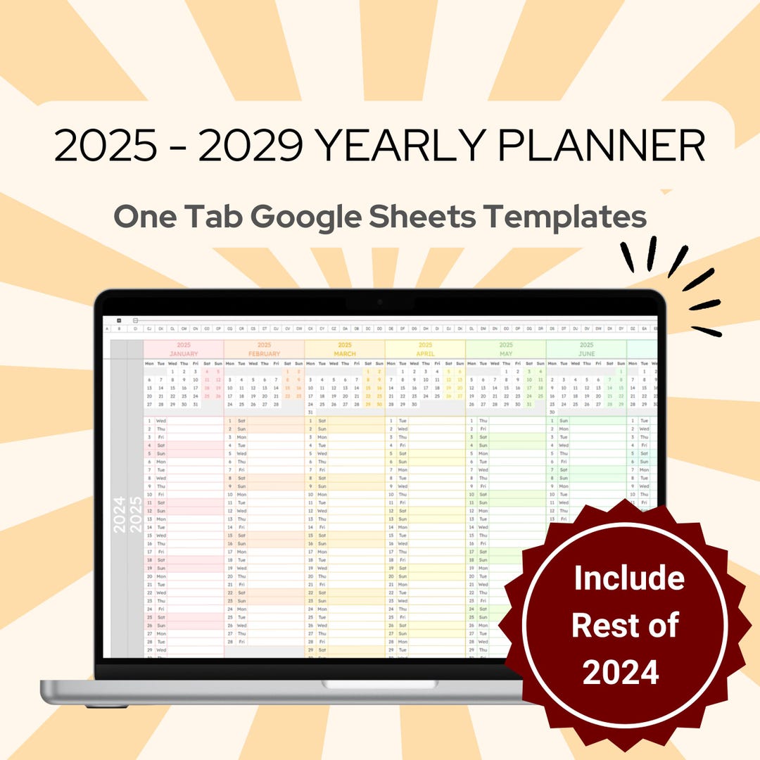 2025 2029 ONE TAB Editable Year at a Glance Template Rainbow Color ...