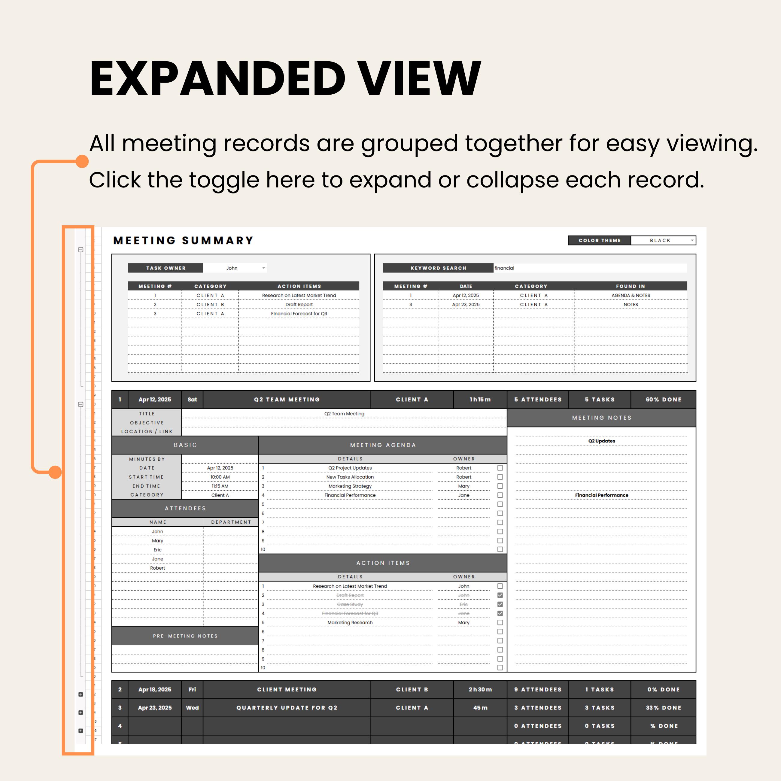 Meeting Minutes Organizer Google Sheets Excel Template | Meeting Notes ...