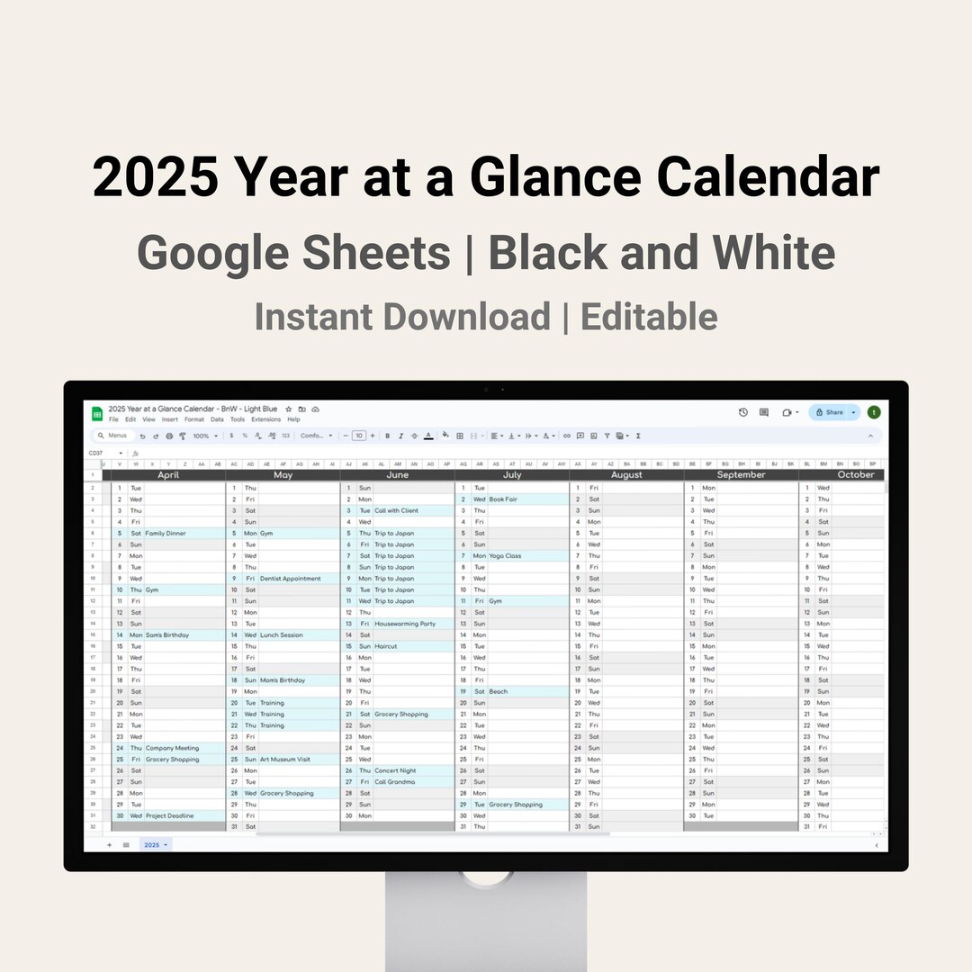 2025 Editable Year at a Glance Template Single Color Black and White ...