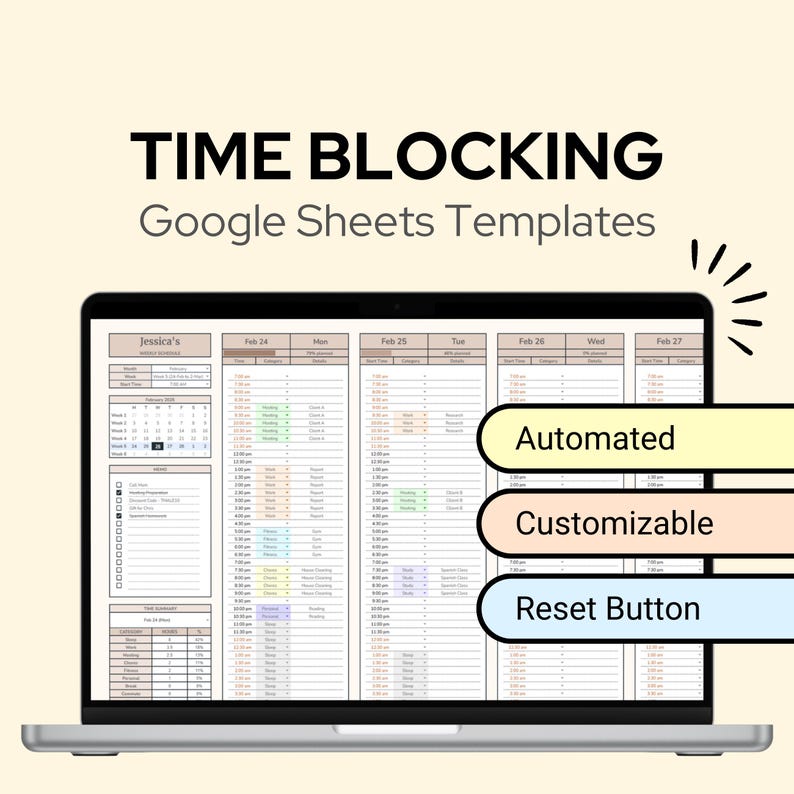 Editable Time-blocking Planners Google Sheets Template With Reset Button | Weekly Schedule Time ...
