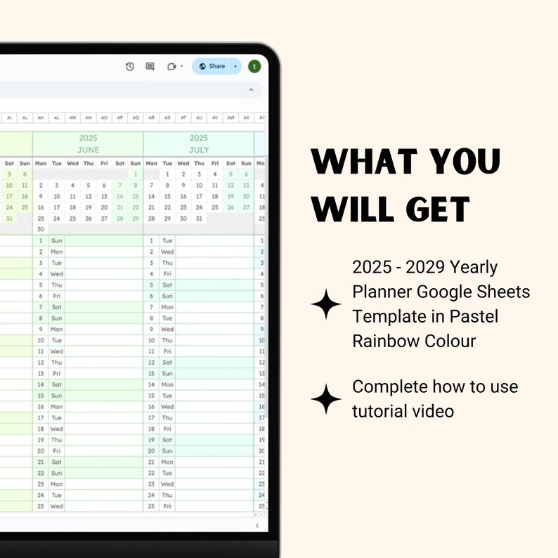 2025 2029 Editable Year at a Glance Template Rainbow Color, Monthly ...