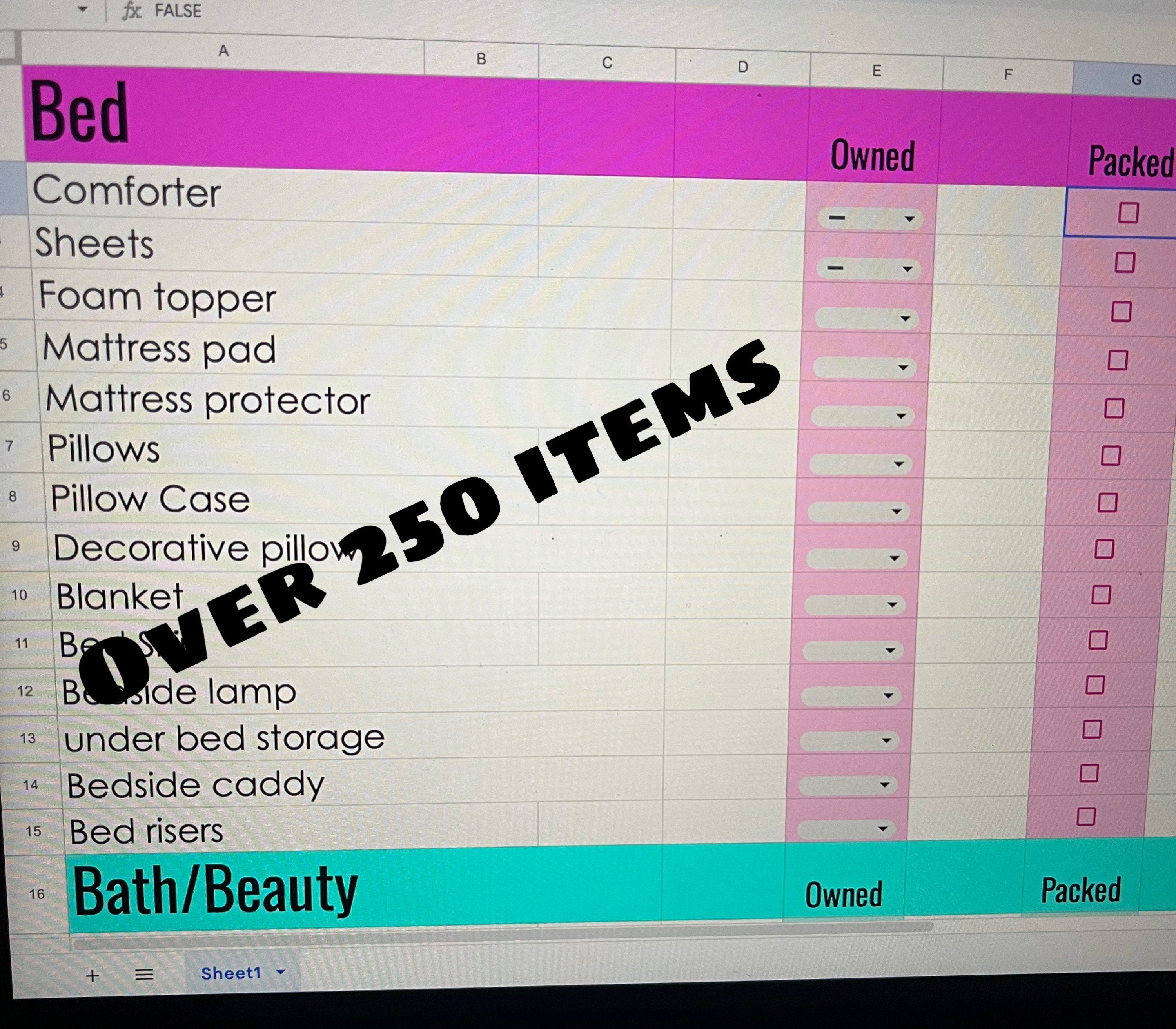 College Dorm Checklist Spreadsheet - Etsy